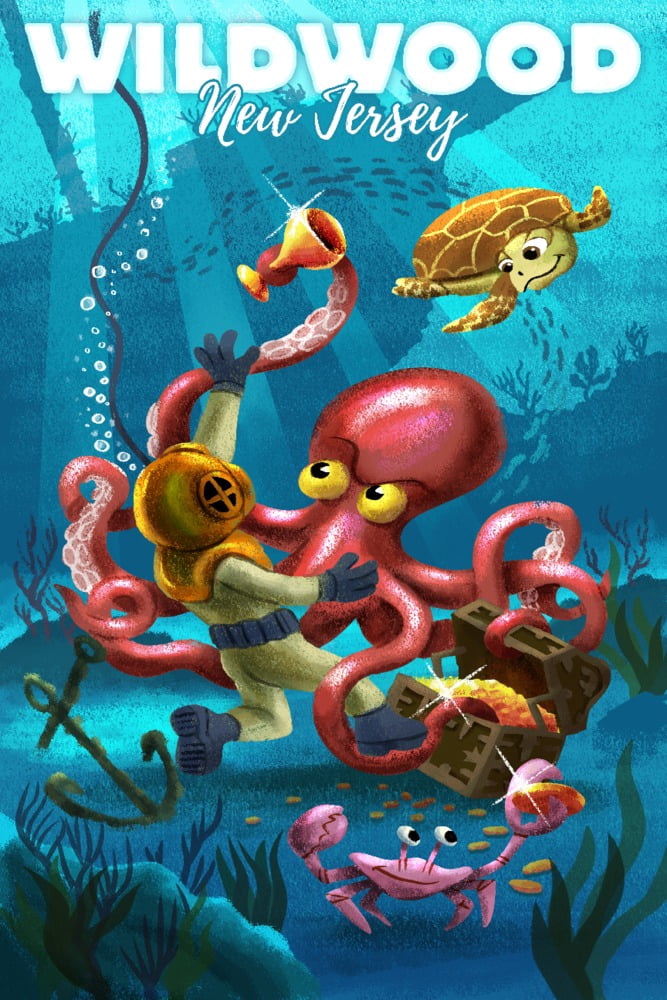 Wildwood, New Jersey, Octopus and Diver, Mid-Century Inspired, Image ...