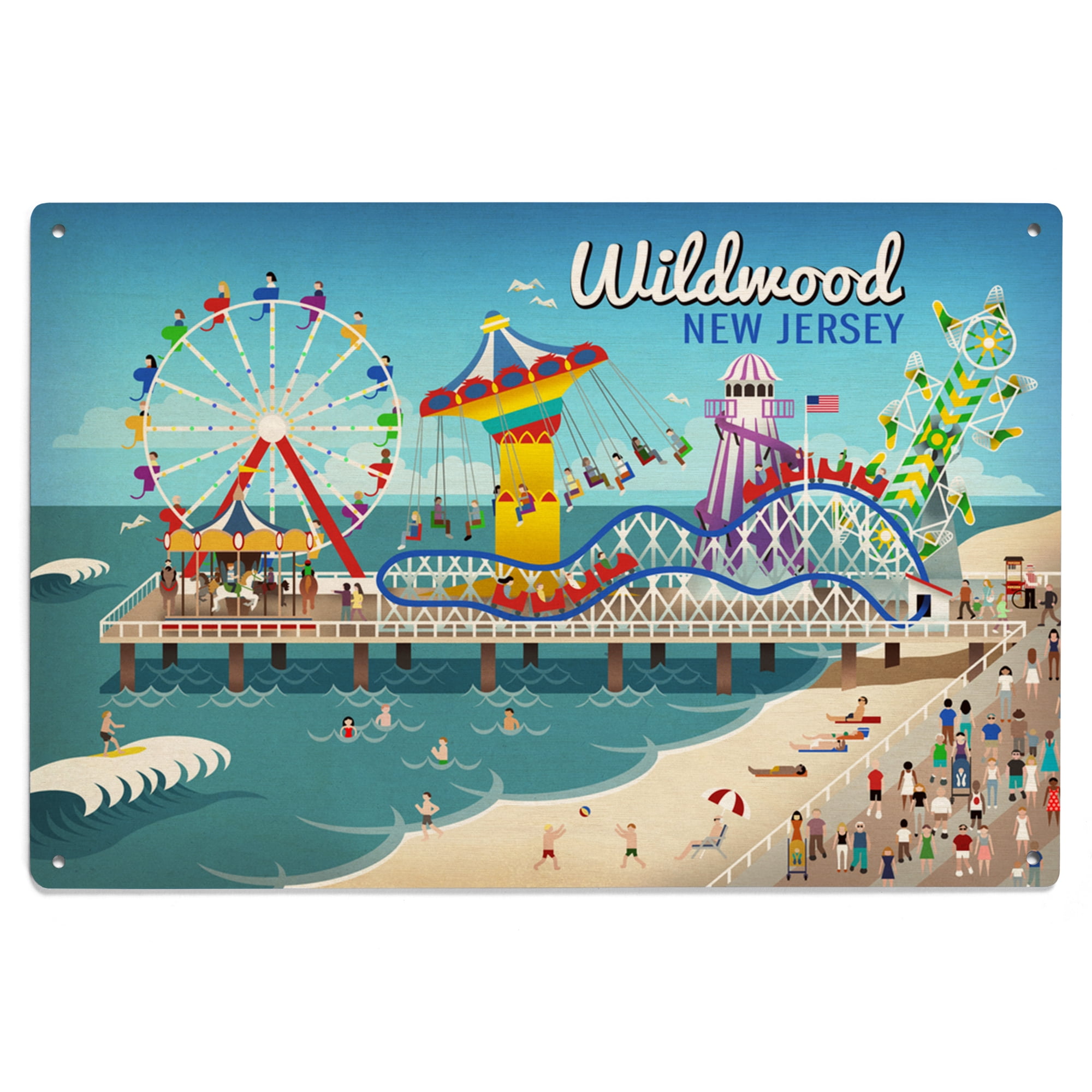 Wildwood, New Jersey, Retro Beach Boardwalk Birch Wood Wall Sign (6x9 ...