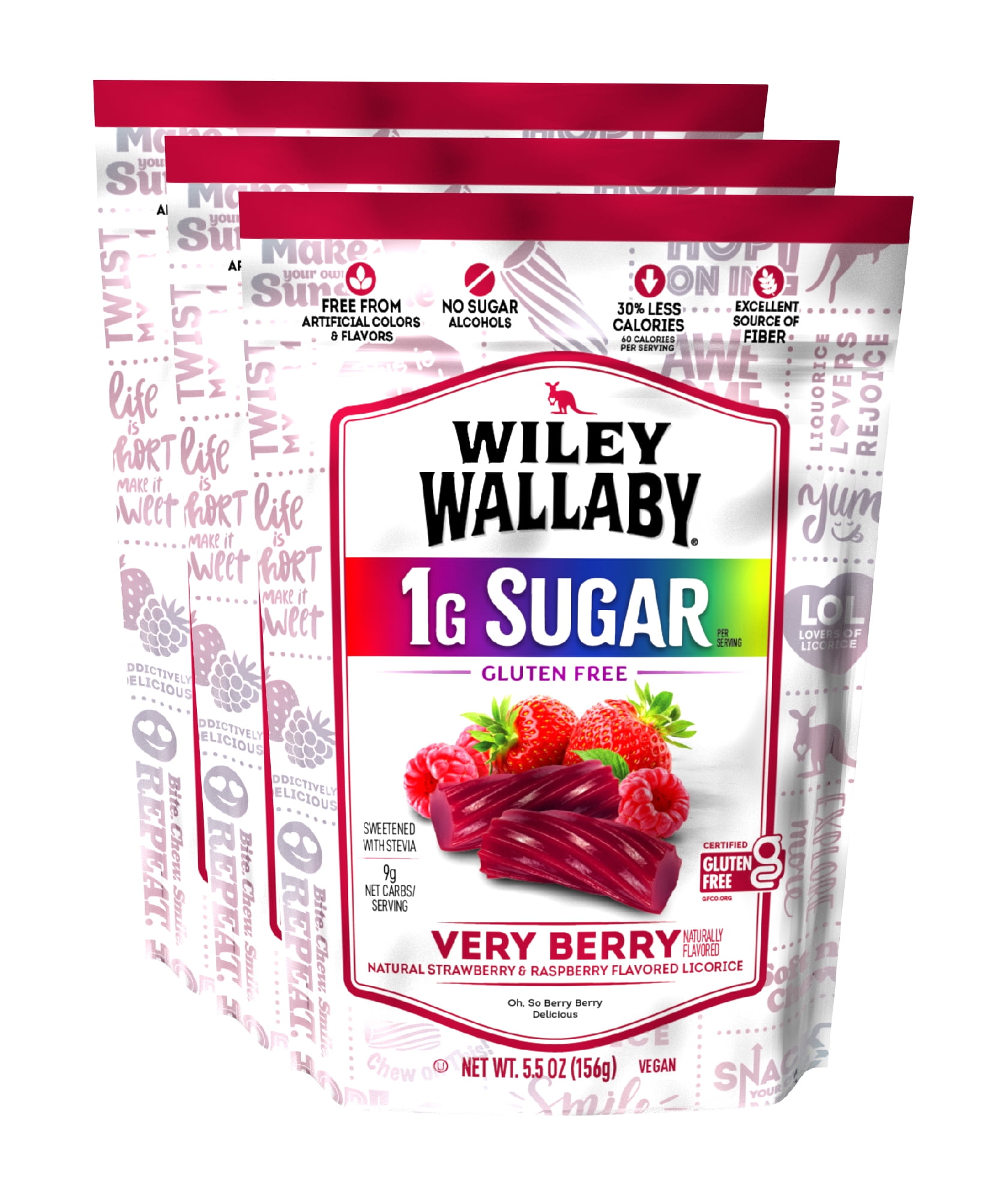 Wiley Wallaby Very Berry Low Sugar Gluten Free Licorice Candy Twists, 5 ...