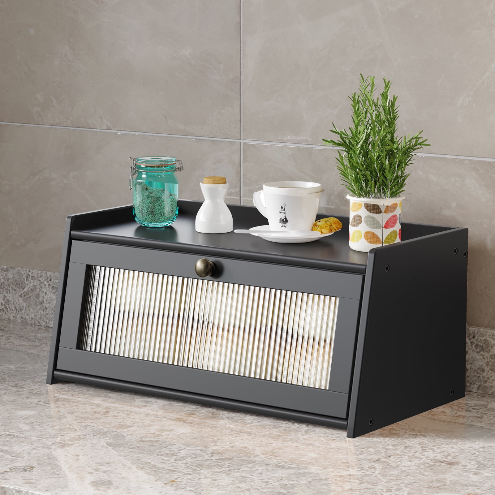 Wilk Black Bread Box for Kitchen Countertop, Modern Wooden Bread box ...