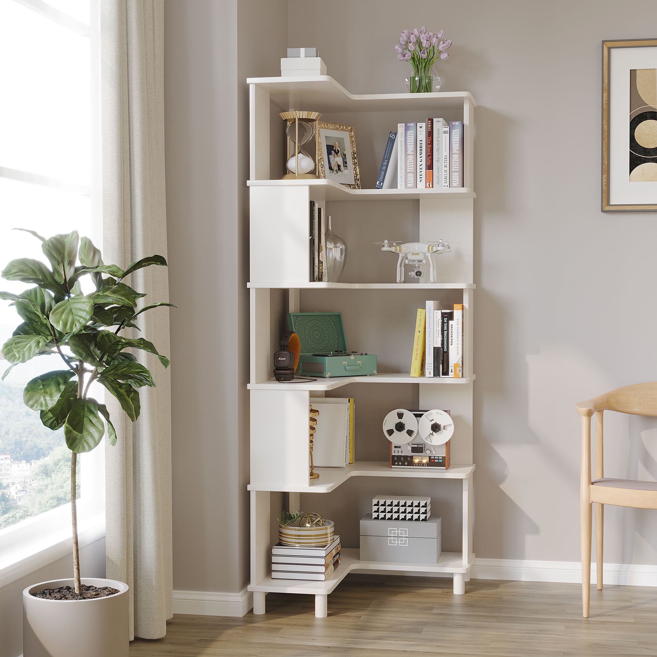 Wilk Corner Bookshelf Solid Wood Corner Bookcase Storage Display Rack ...