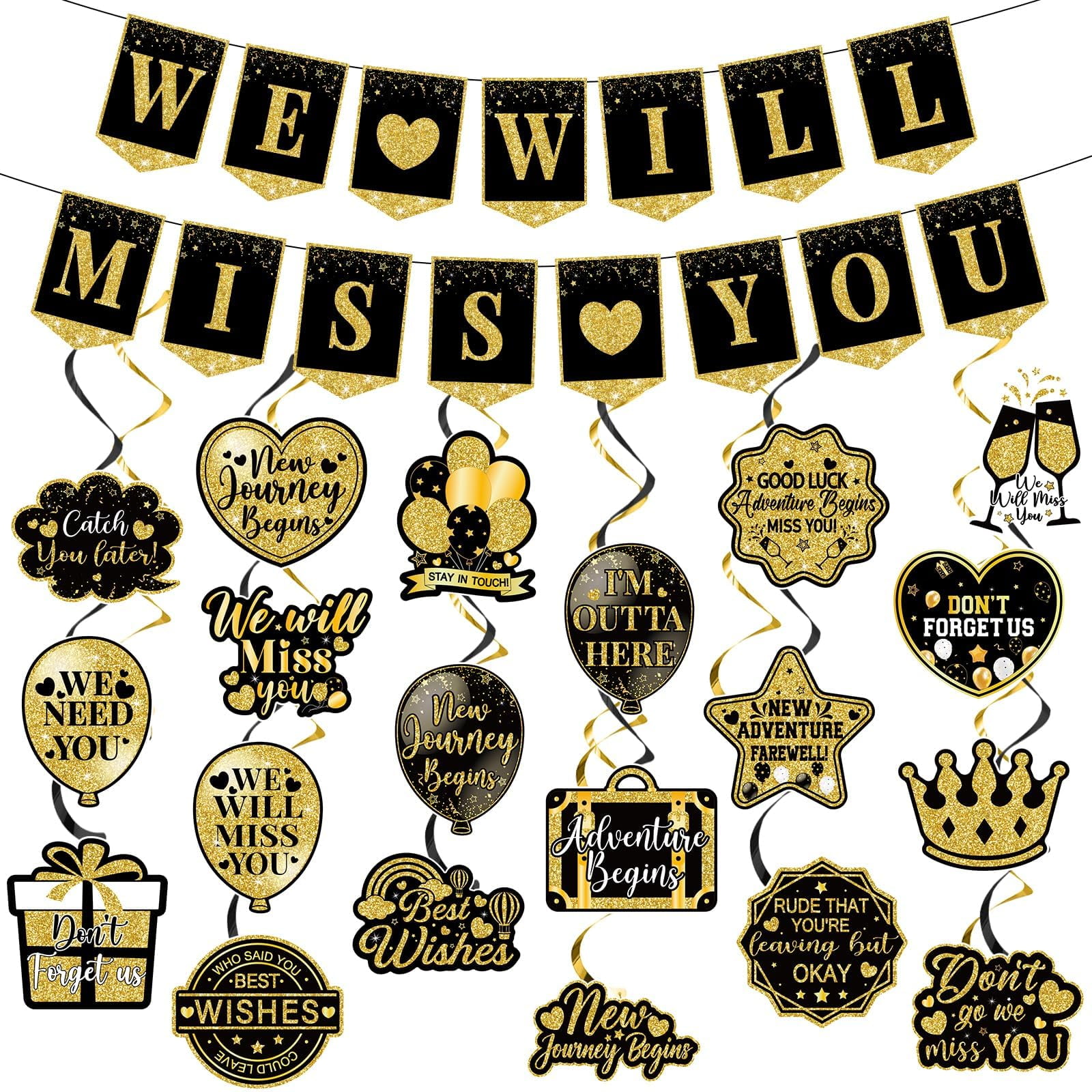 We Will Miss CORNET You Banners Going Away Theme Black Gold Farewell Party Ceiling Streamers ...