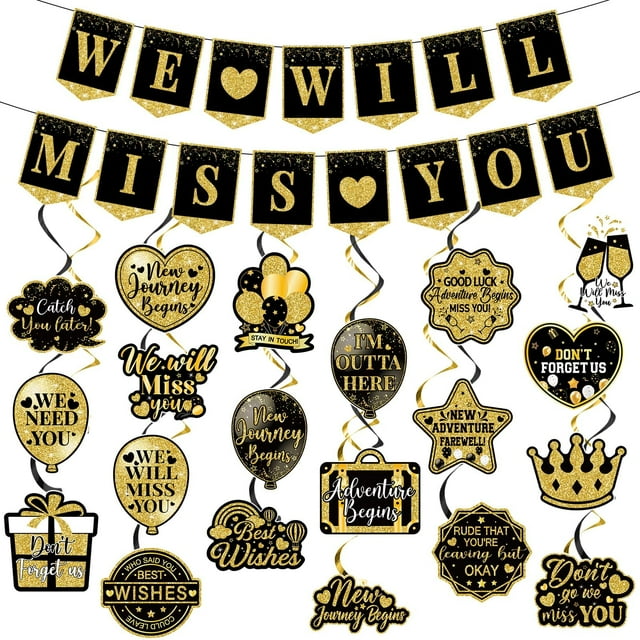 We Will Miss TWE5 You Banners Going Away Theme Black Gold Farewell Party Ceiling Streamers ...