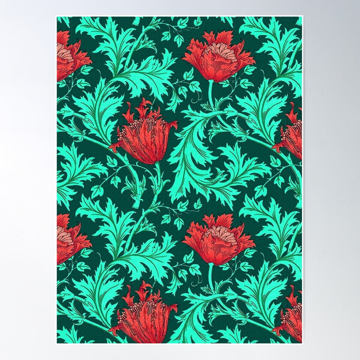 William Morris Anemone, Deep Red And Turquoise Poster Wall Art, Modern ...