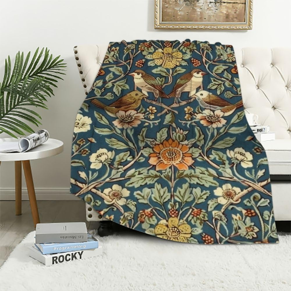 William Morris Floral Flannel Blankets, Vintage Flower Strawberry Birds ...