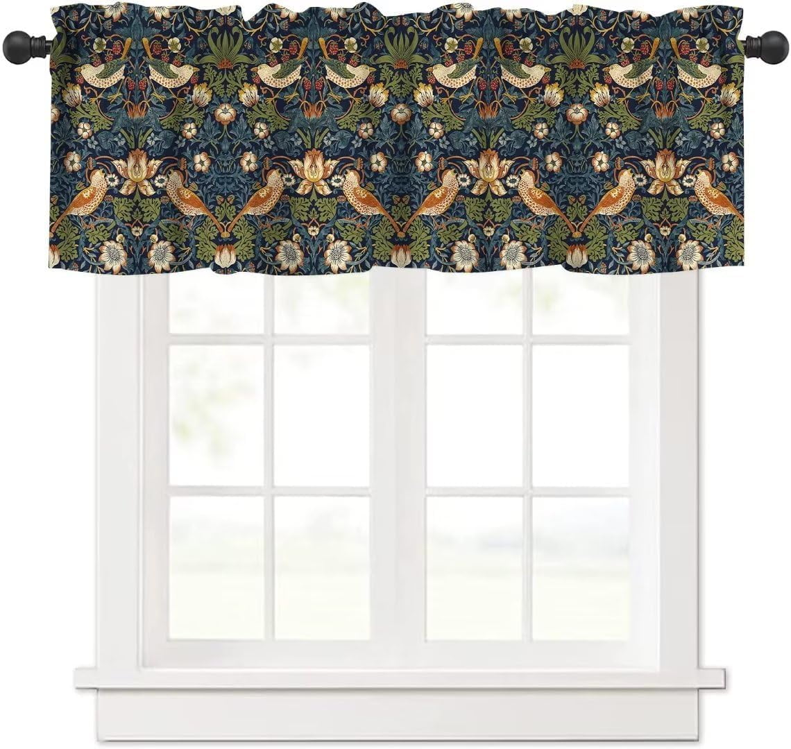 William Morris Floral Valance Curtain, Vintage Flower Strawberry Birds ...