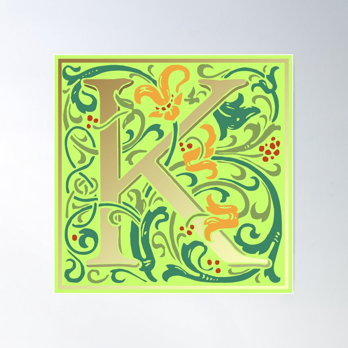 William Morris Illuminated Initial Capital Letter K In Light Green ...
