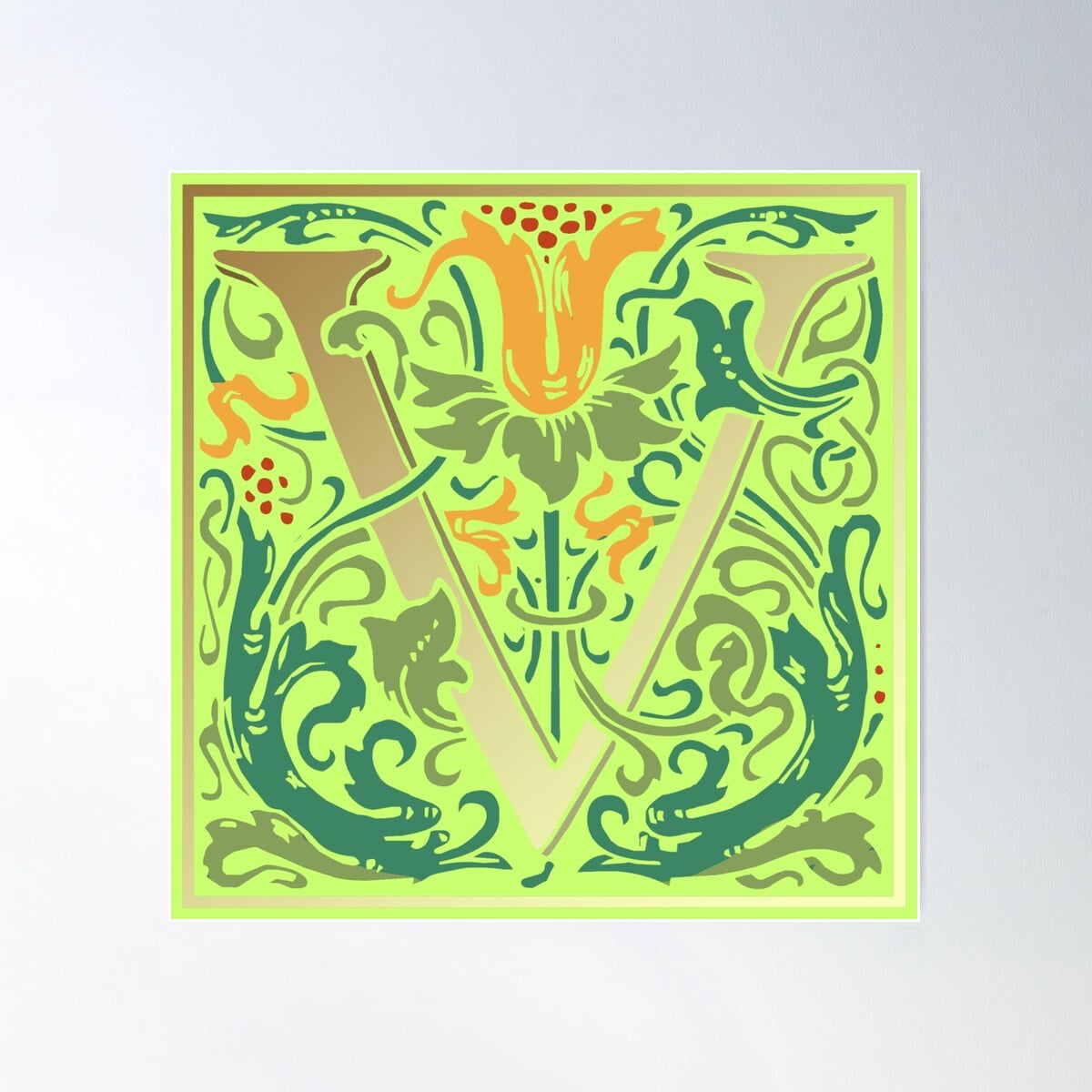 William Morris Illuminated Initial Capital Letter V In Light Green ...