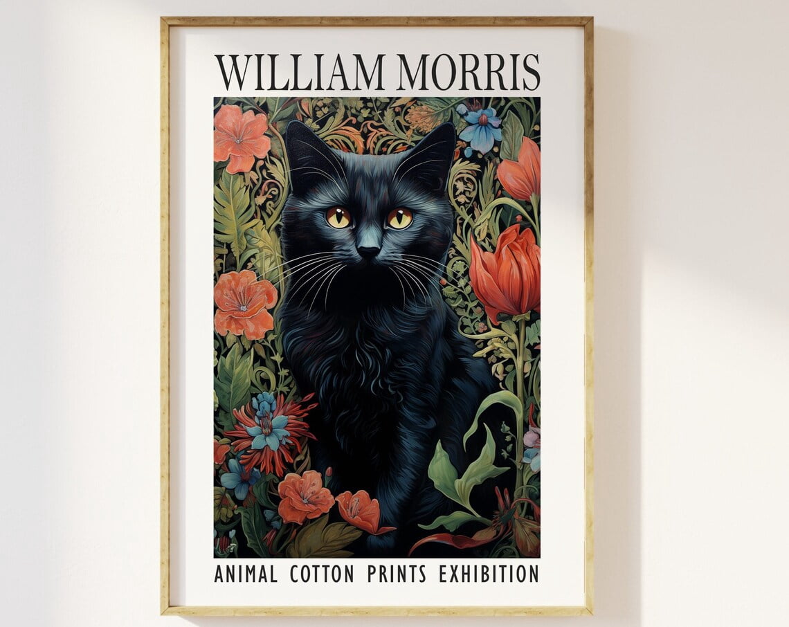William Morris Style Black Cat Print - Animal Cotton Prints Exhibition ...
