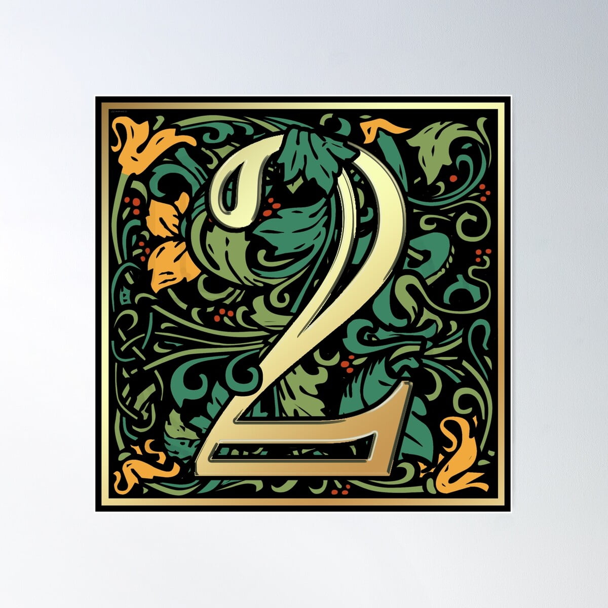 William Morris Style Illuminated Numeral Black Number 2 Poster Wall Art ...