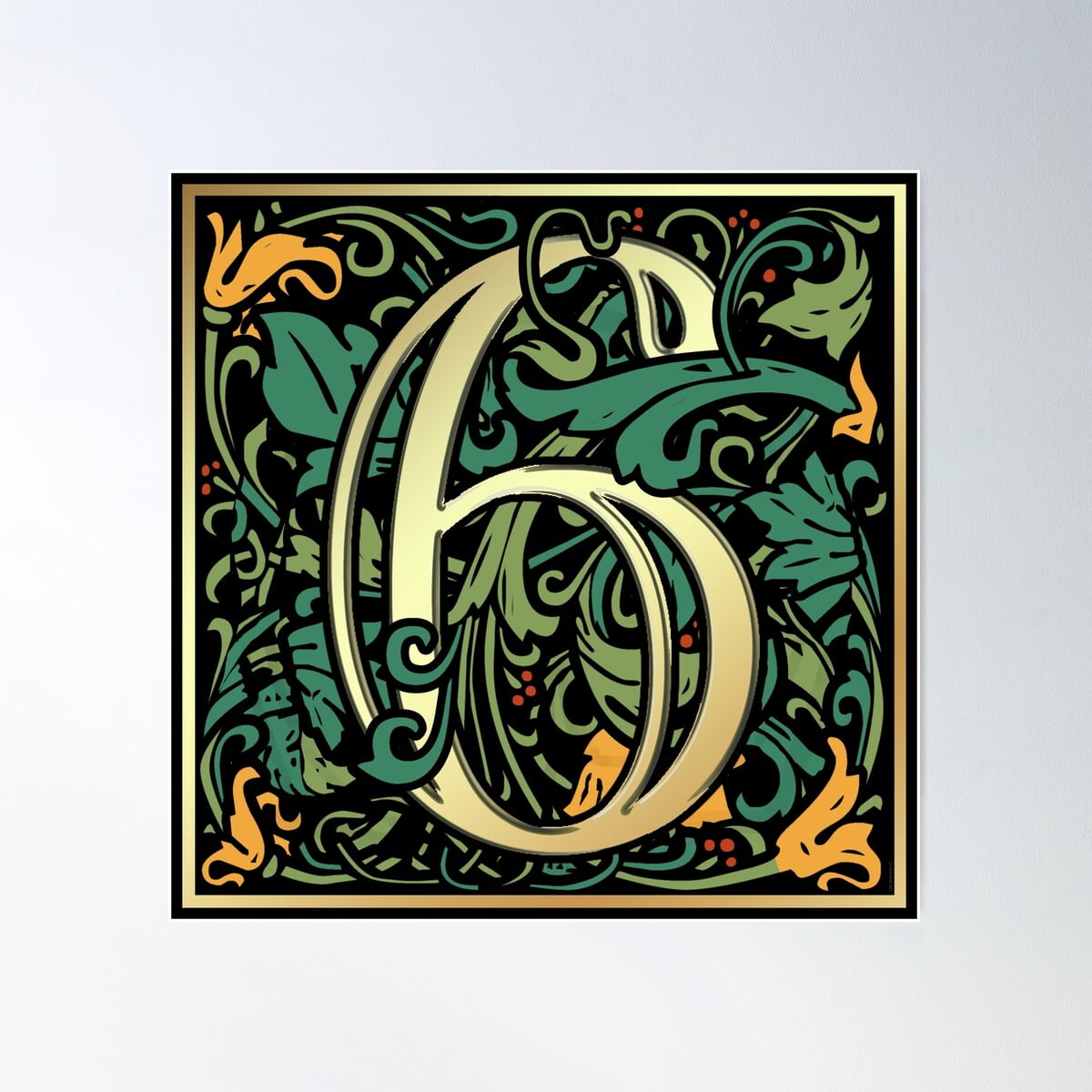 William Morris Style Illuminated Numeral Black Number 6 Poster Wall Art ...