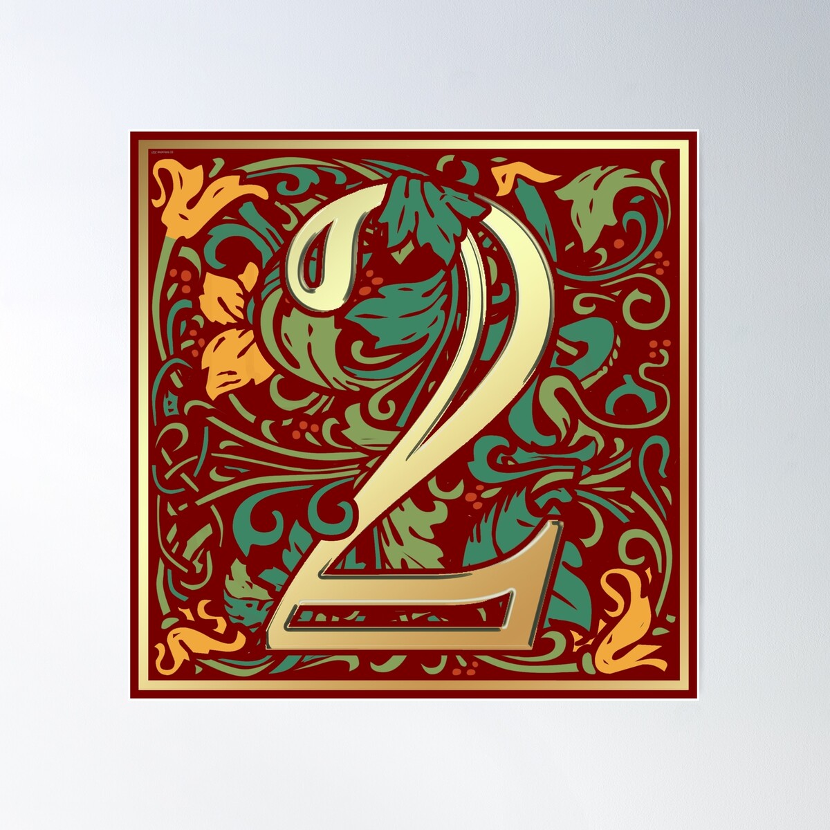 William Morris Style Illuminated Numeral Red Number 2 Poster Wall Art ...