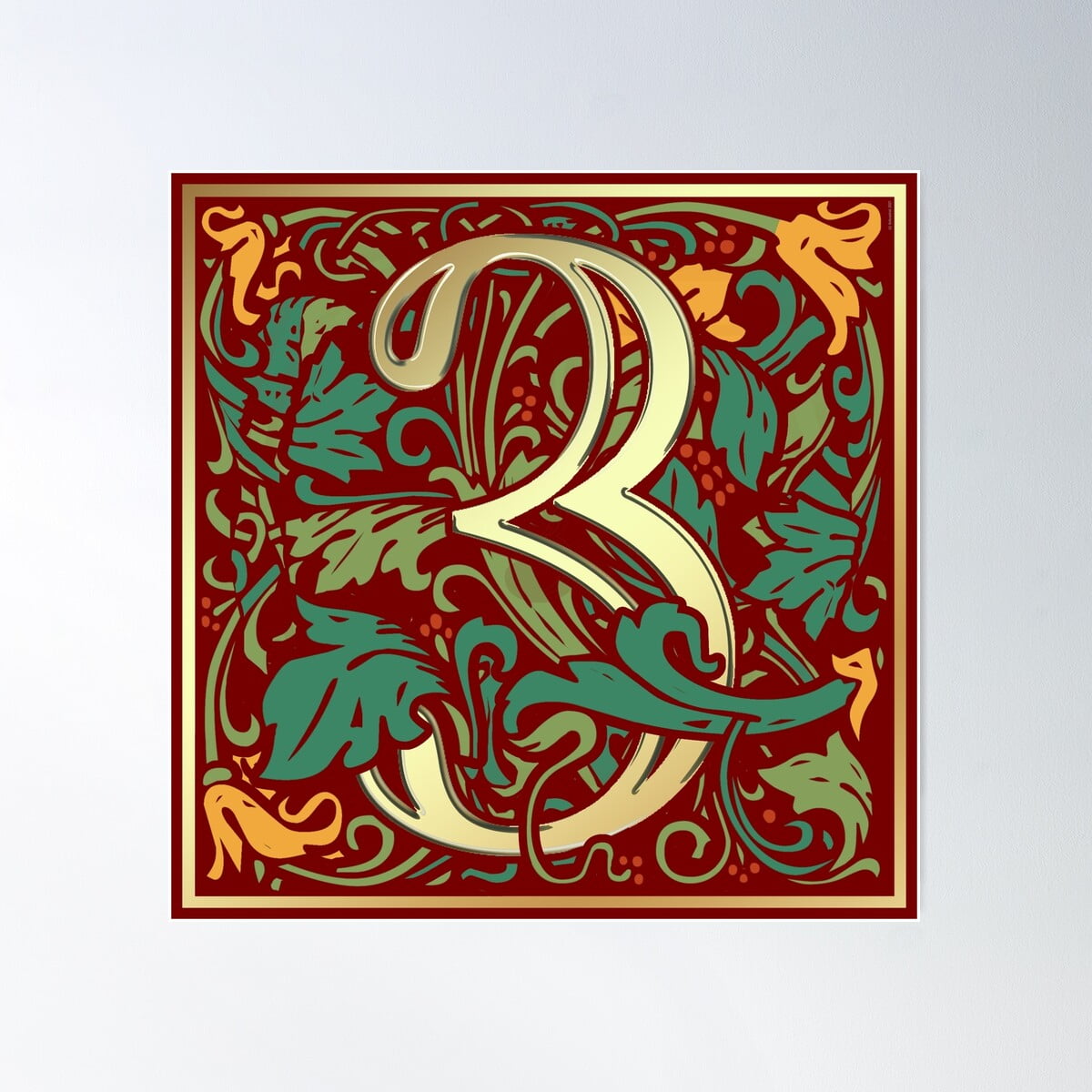William Morris Style Illuminated Numeral Red Number 3 Poster Wall Art ...