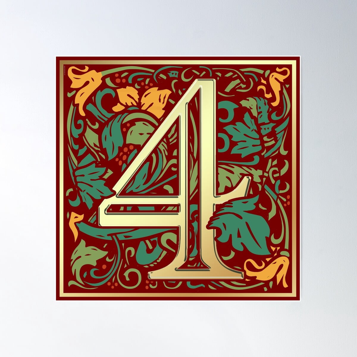 William Morris Style Illuminated Numeral Red Number 4 Poster Wall Art ...