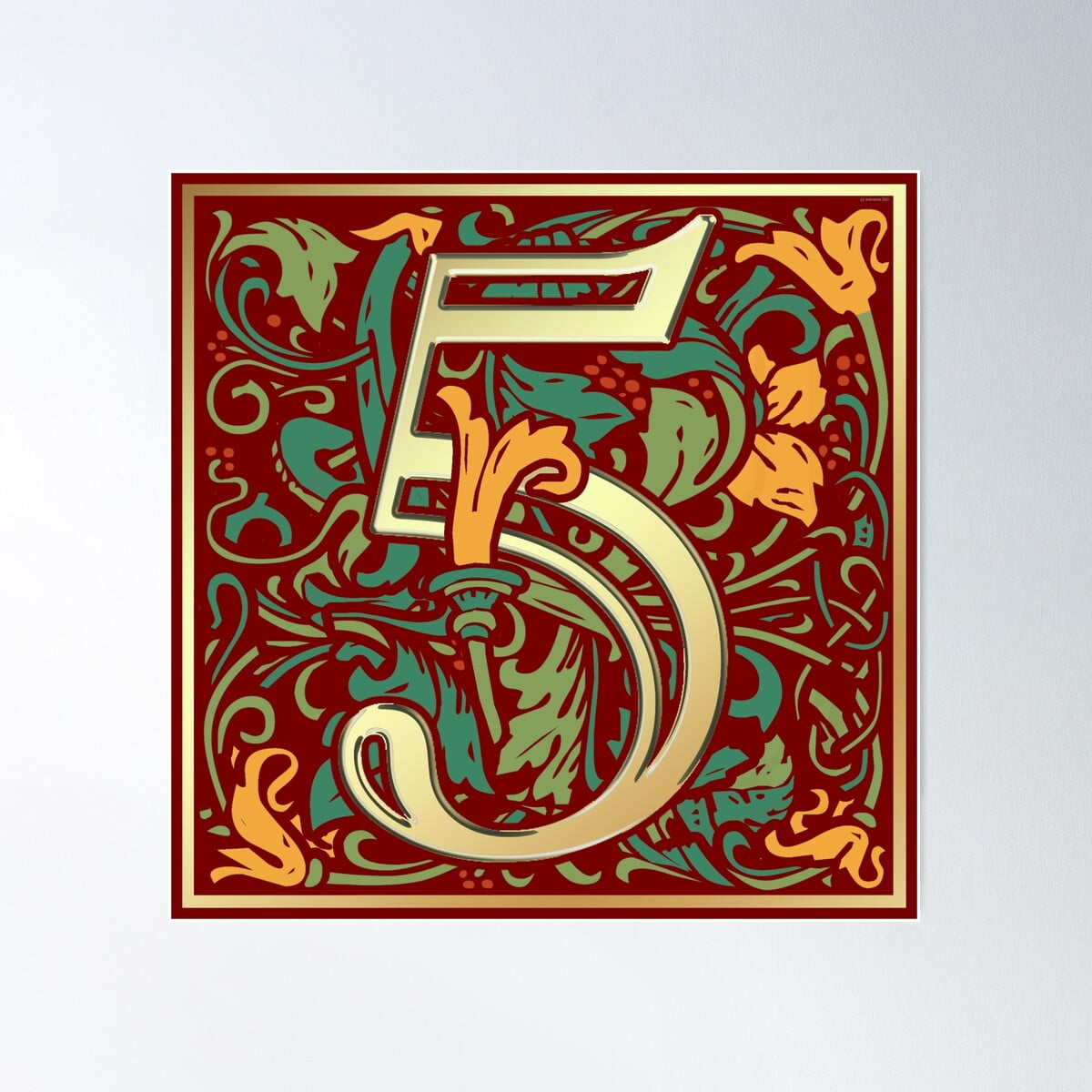 William Morris Style Illuminated Numeral Red Number 5 Poster Wall Art ...