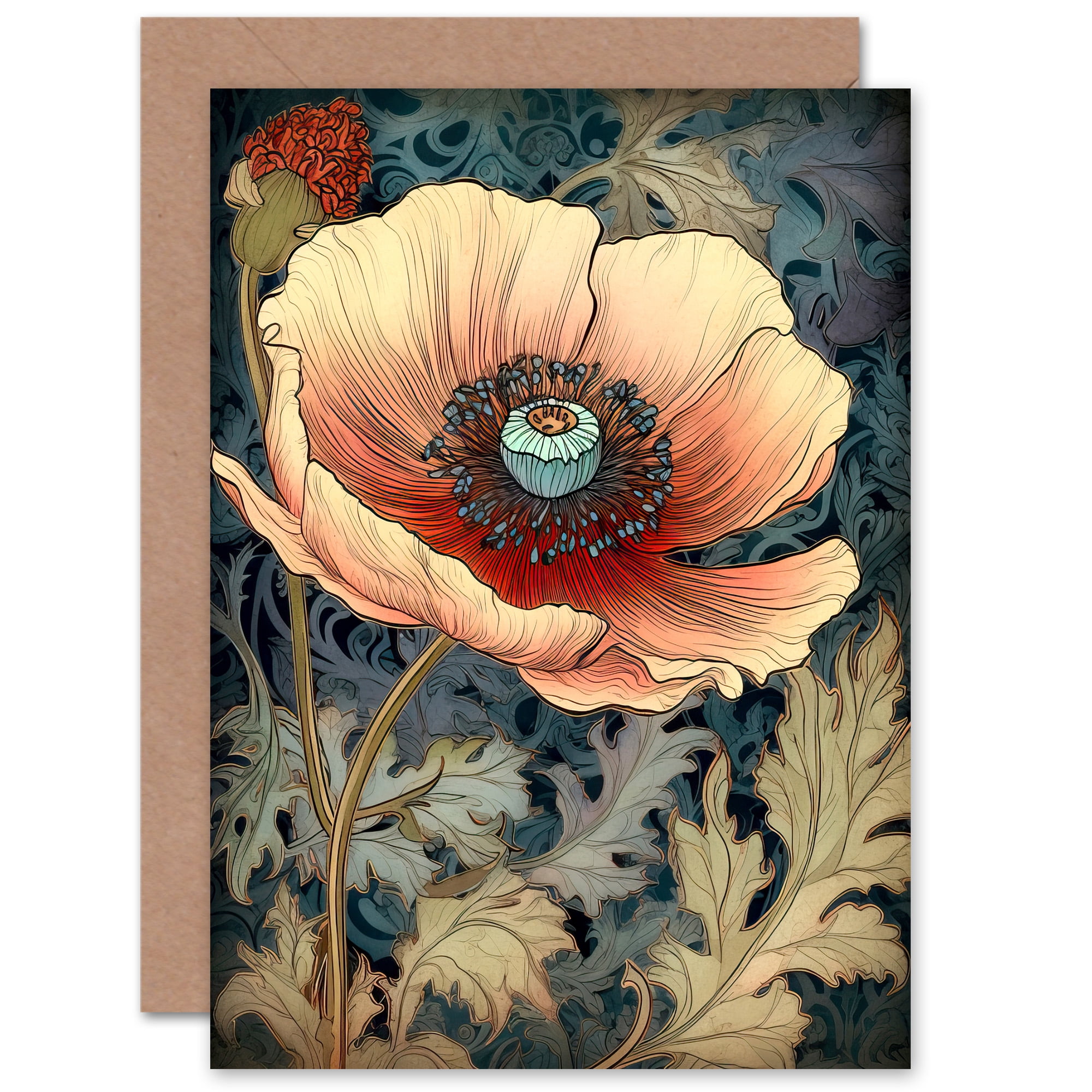William Morris Style Peach Anemone Flower Bloom for Wife Her Mum Sister ...