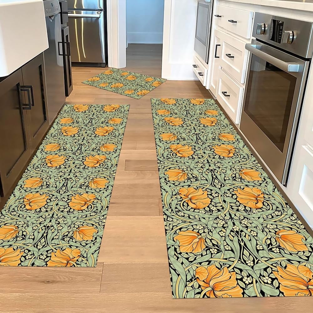 William Morris Vintage Floral Kitchen Rugs Sets of 3,Non Slip Rubber ...