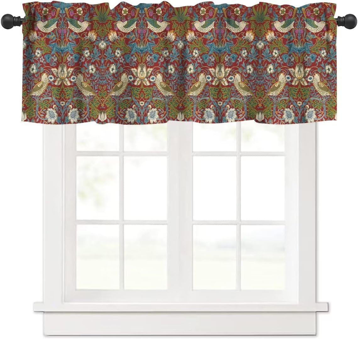 William Morris Vintage Flower Valance Curtain, Retro Strawberry Birds ...