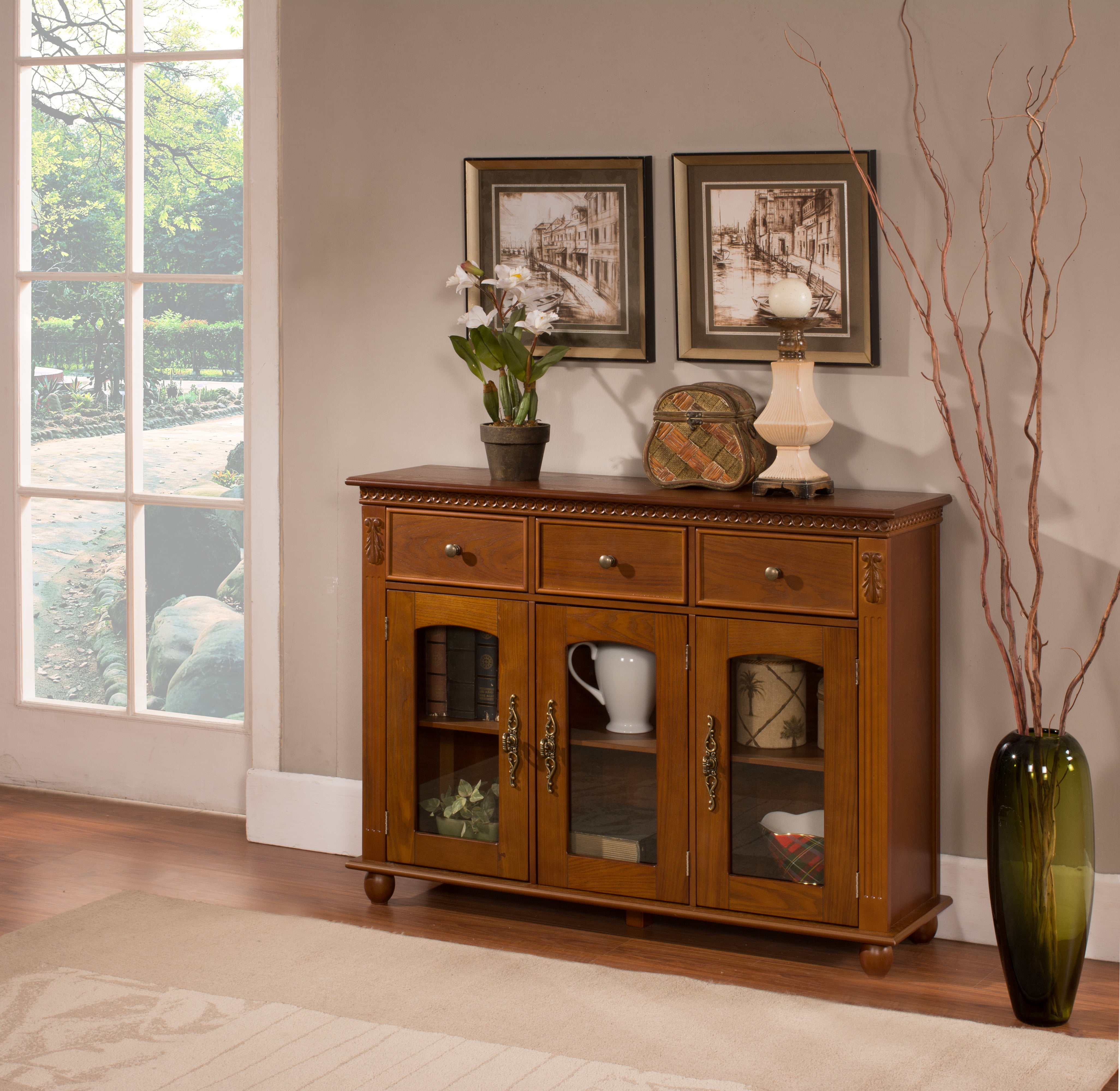 William Walnut Wood Sideboard Buffet Server with Adjustable Shelves ...
