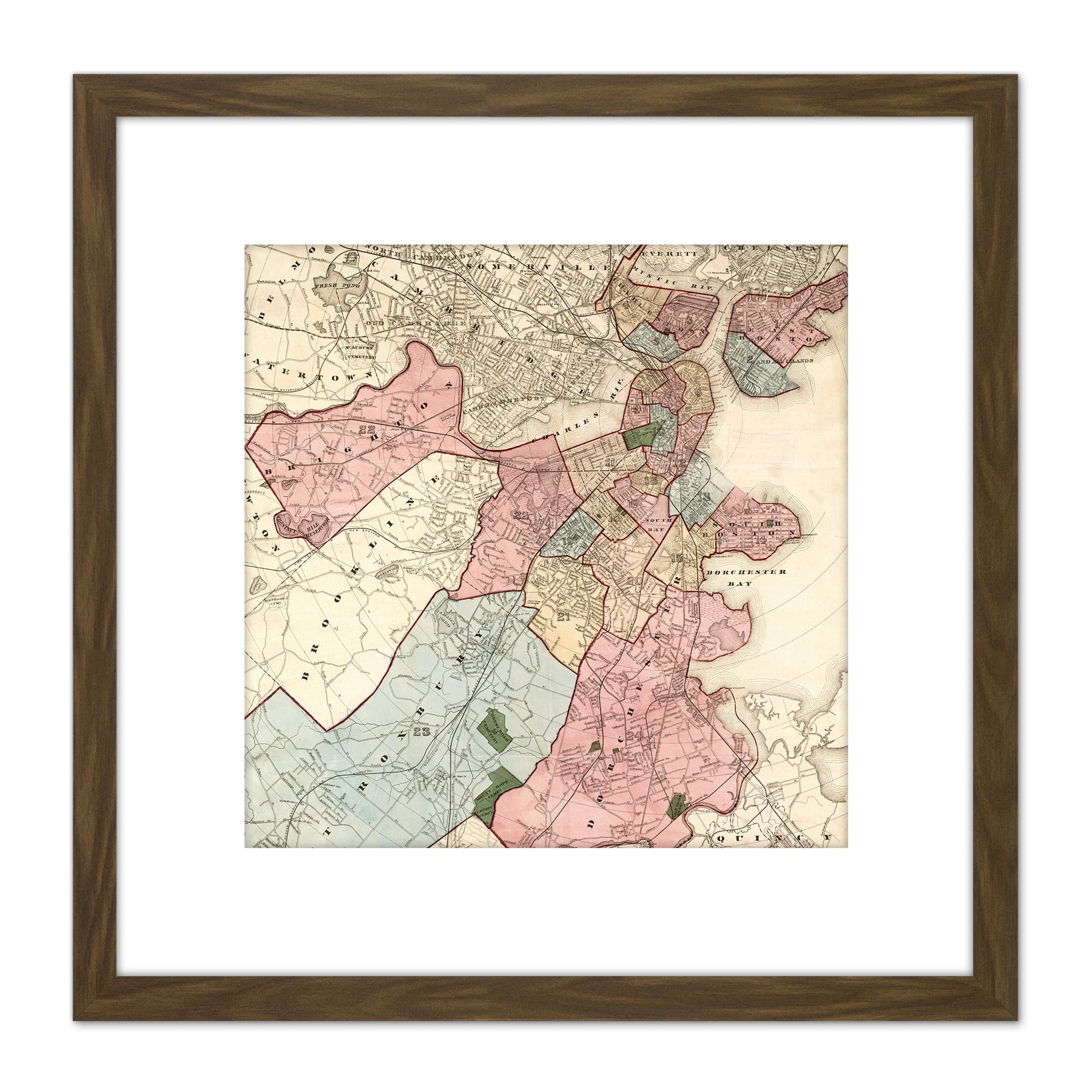 Williams 1876 Map Boston Massachusetts USA 8X8 Inch Square Wooden ...