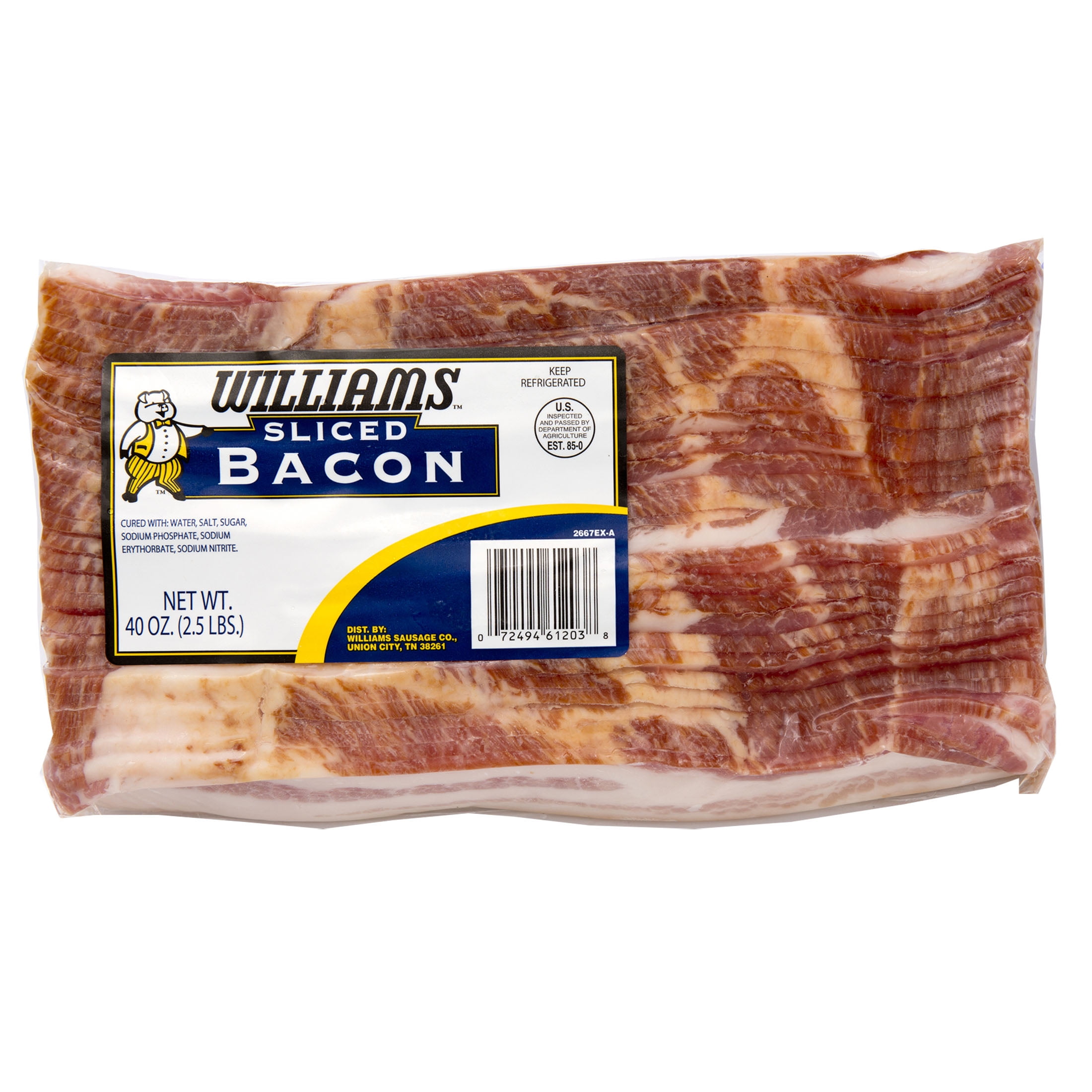 Williams Sausage Sliced Pork Uncooked Bacon, 40 oz, Plastic Wrapped ...