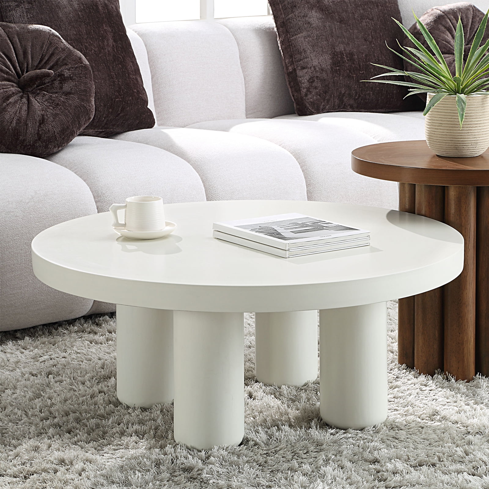 Williamspace 35" Round Coffee Table, Modern Coffee Table White Finish ...
