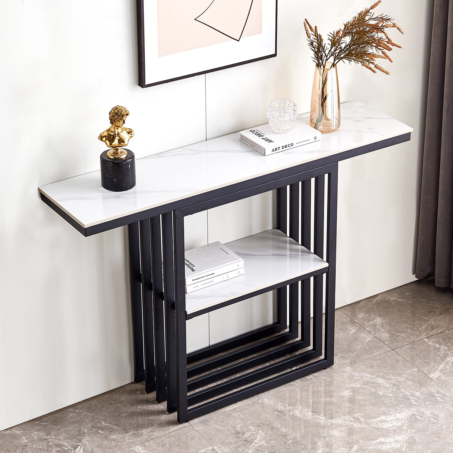 Williamspace 47.2" Modern Console Table, 2 Tier Sintered Stone Narrow ...