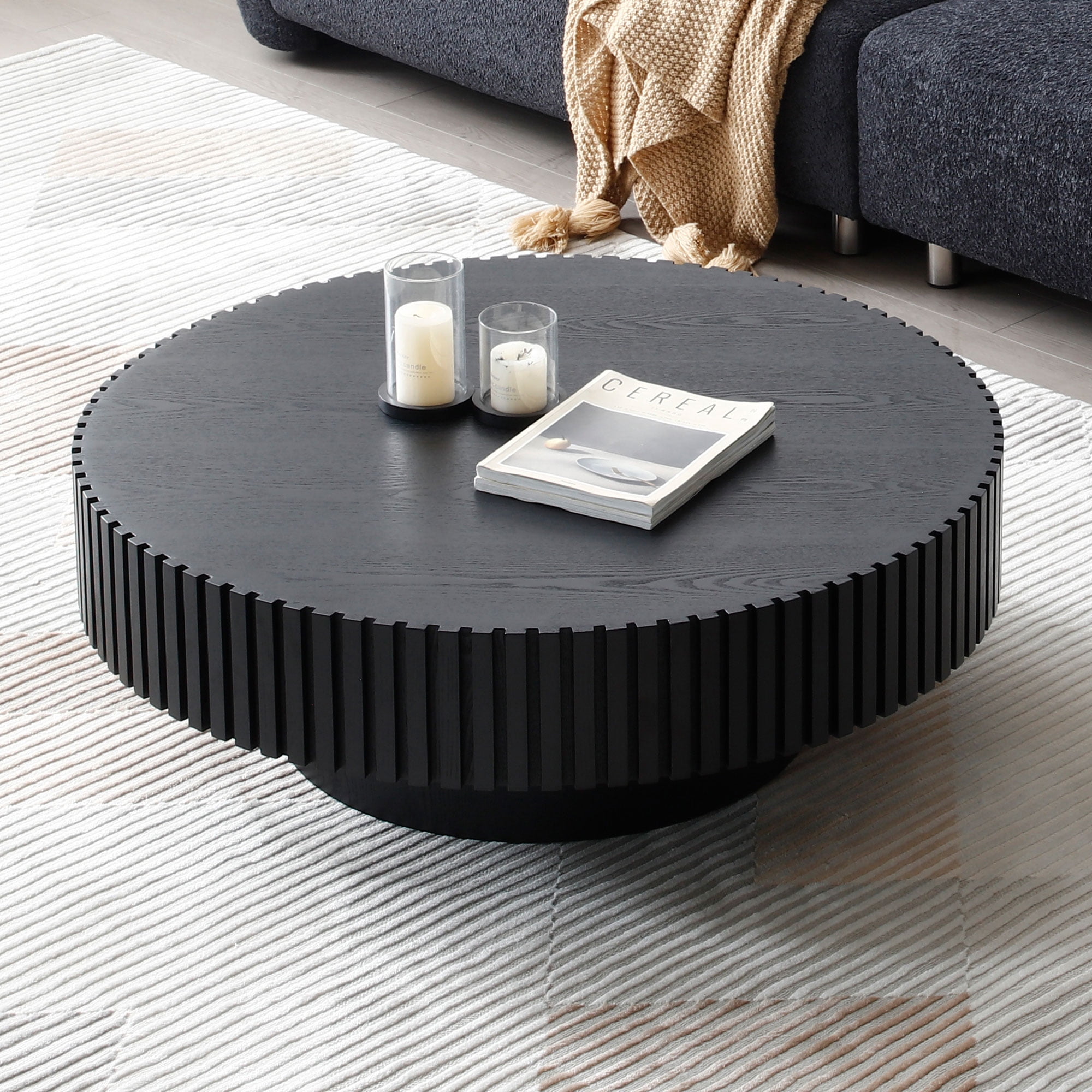 Williamspace Round Coffee Table, 39.37" Modern Handcraft Relief Wood ...