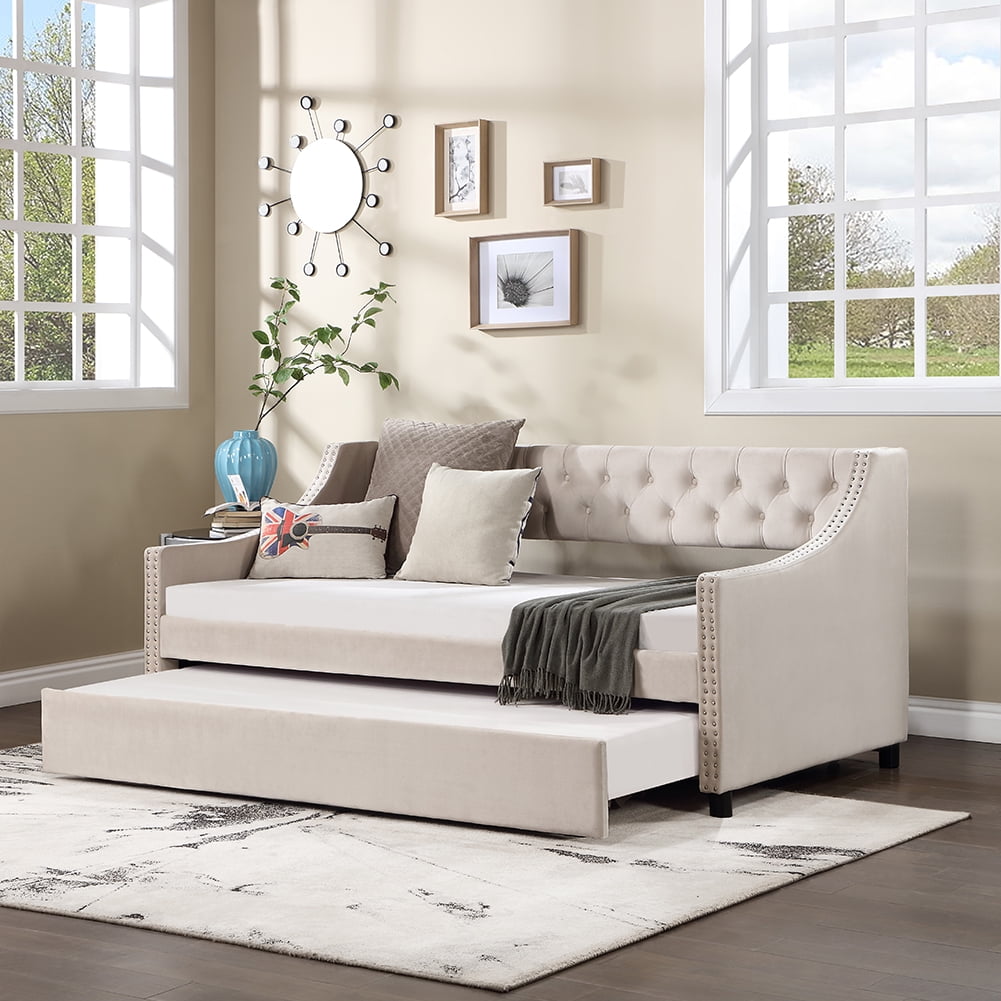 Williamspace Upholstered Daybed with Trundle, Modern Button Tufted ...