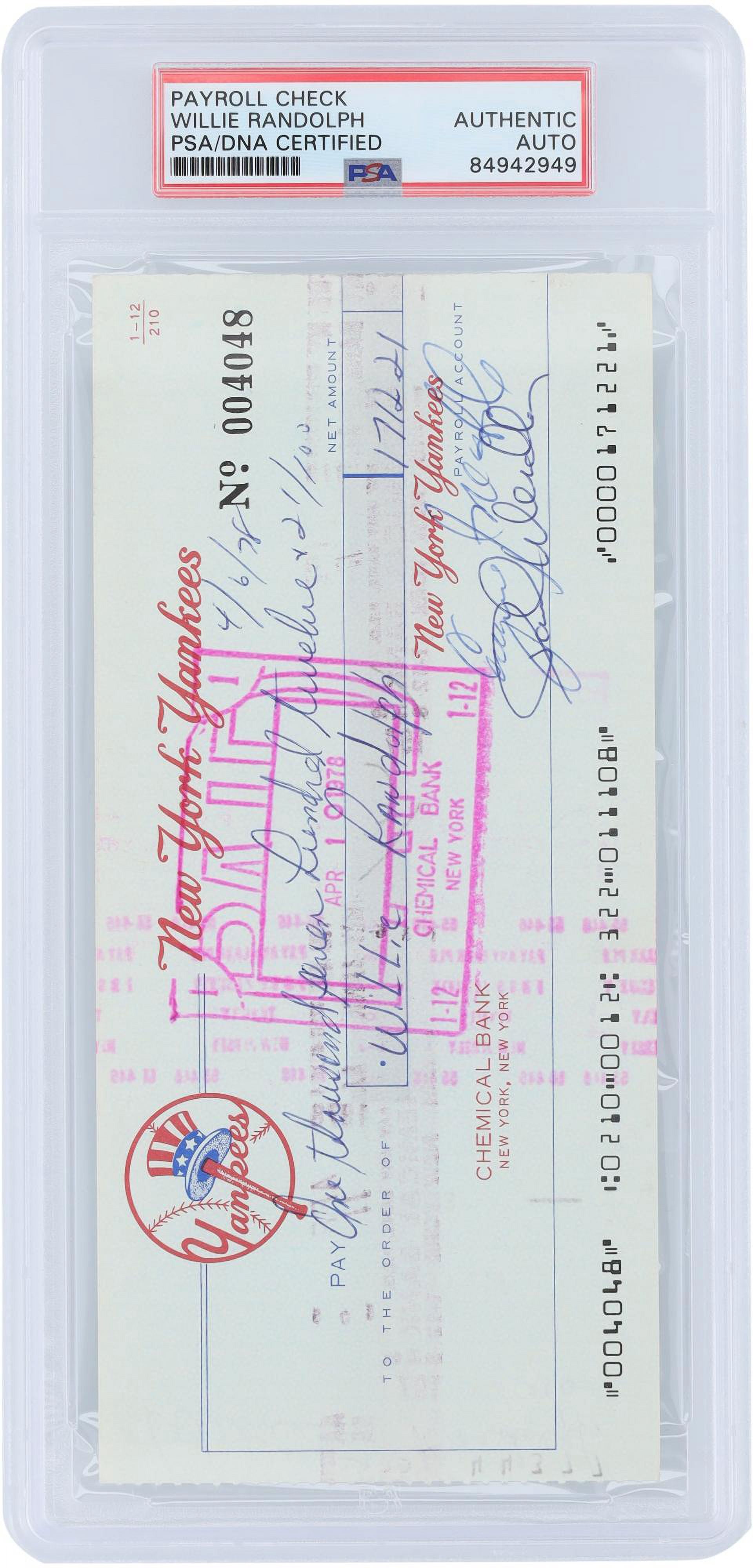Willie Randolph New York Yankees Autographed Check from April 6, 1978 ...
