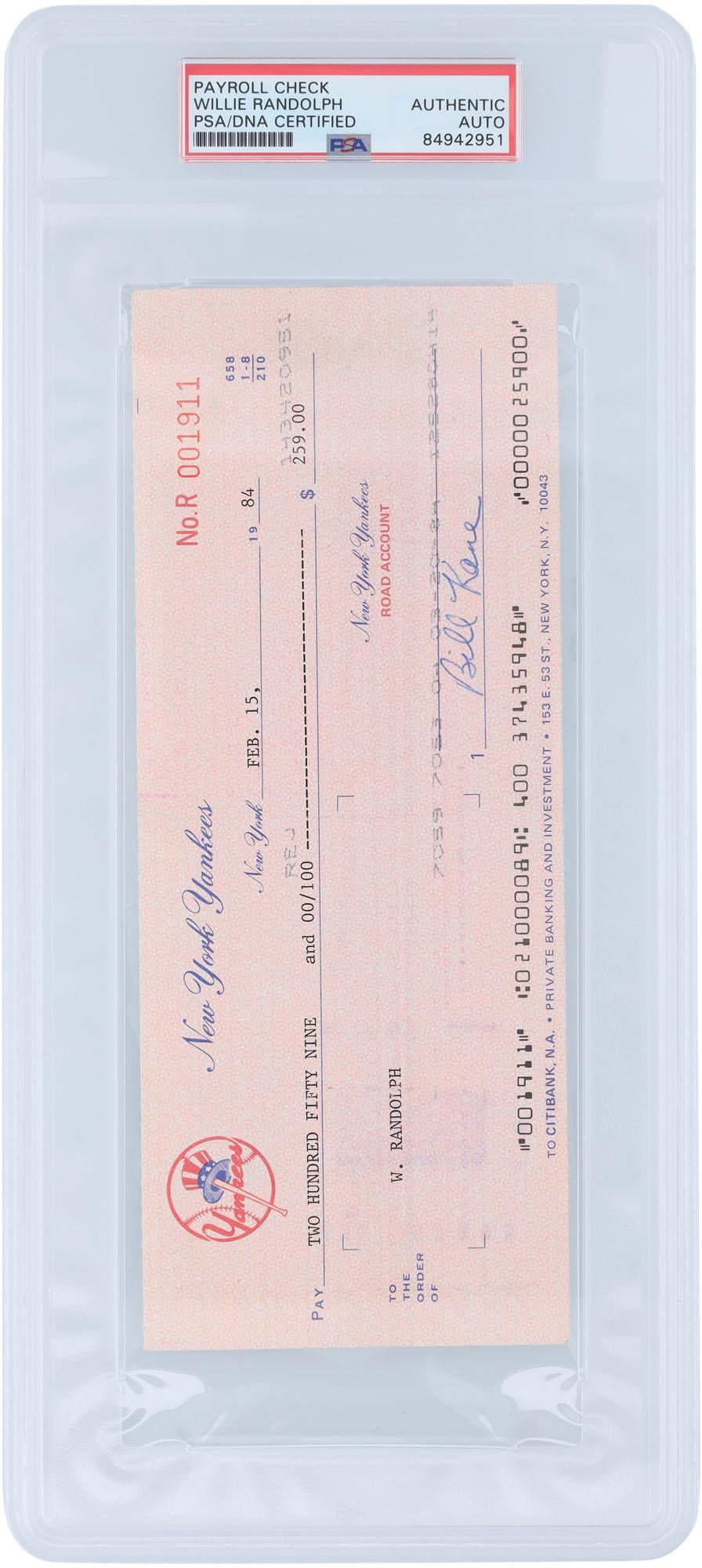 Willie Randolph New York Yankees Autographed Check from February 15 ...