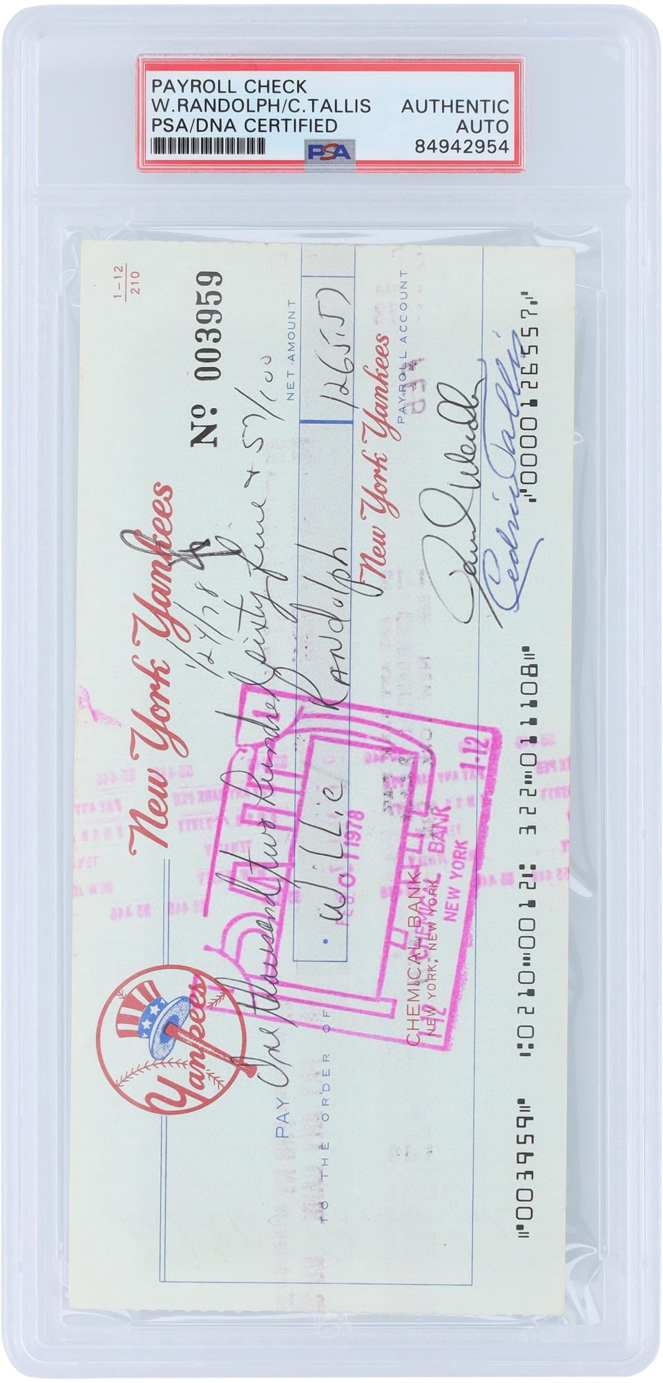 Willie Randolph New York Yankees Autographed Check from January 24 ...