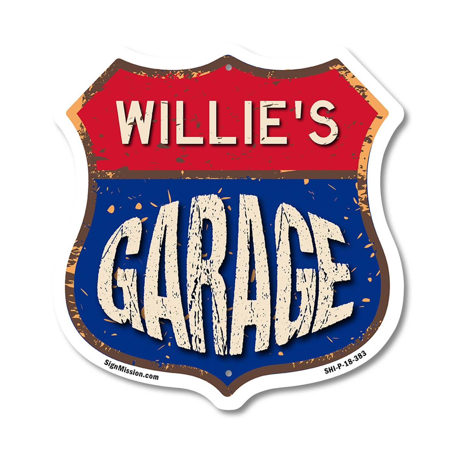 Willie's Garage 18 inch X 18 inch Shield Shaped Commercial Grade ...