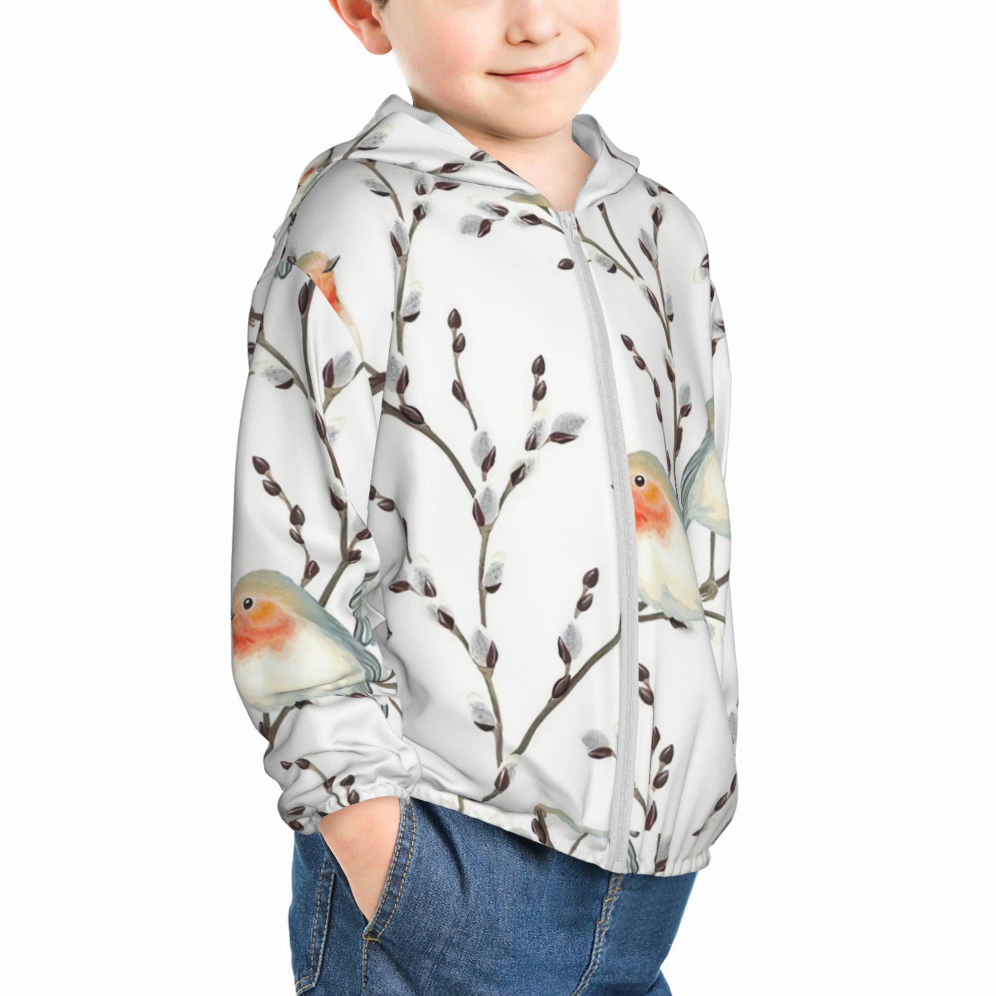 Willow Branches And Birds Robin Kids Zip-Up Hoodie Girls Boys Sun Protection Jacket Hooded ...