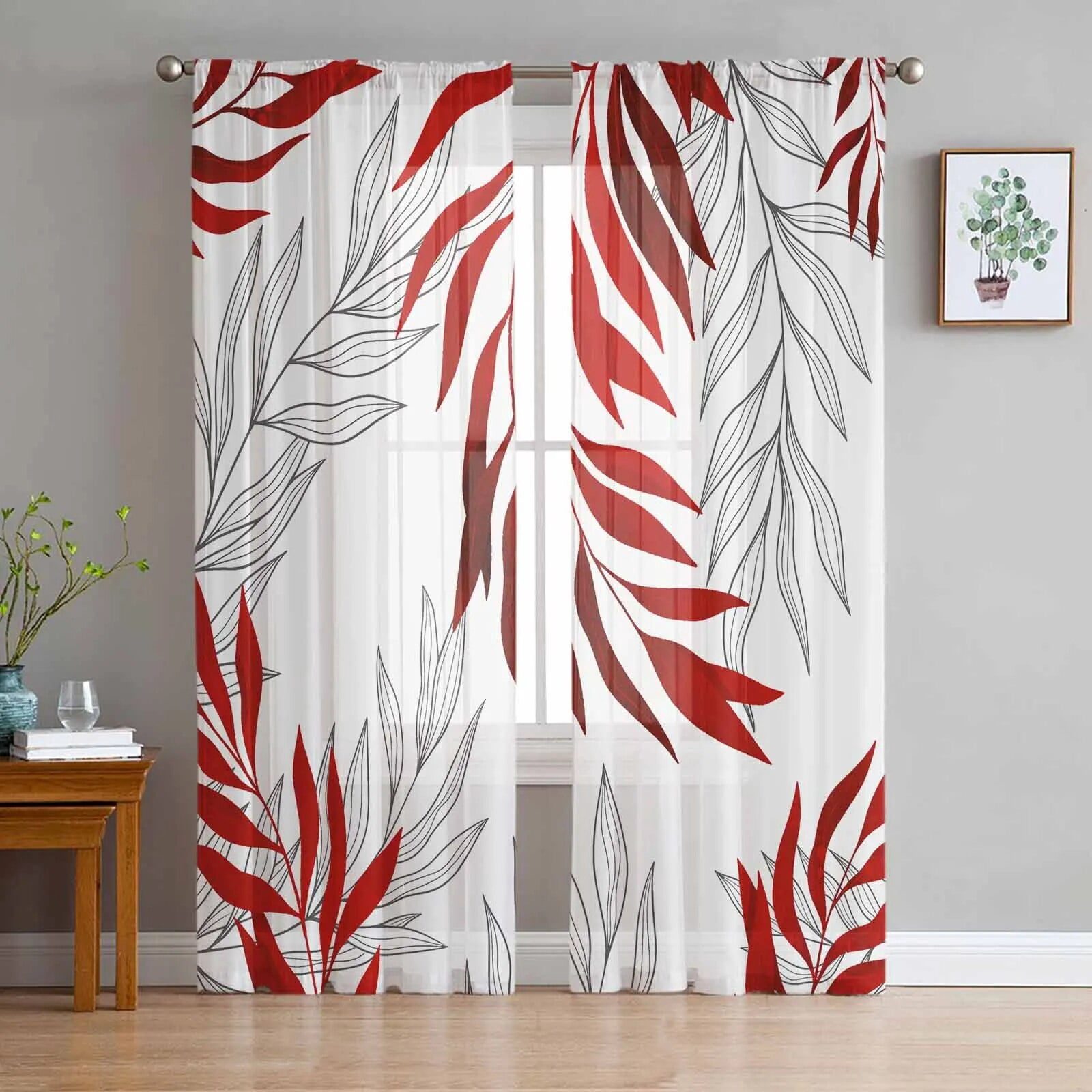 Willow Leaf Lines Red Voile Curtains for Bedroom Window Tulle Curtain ...