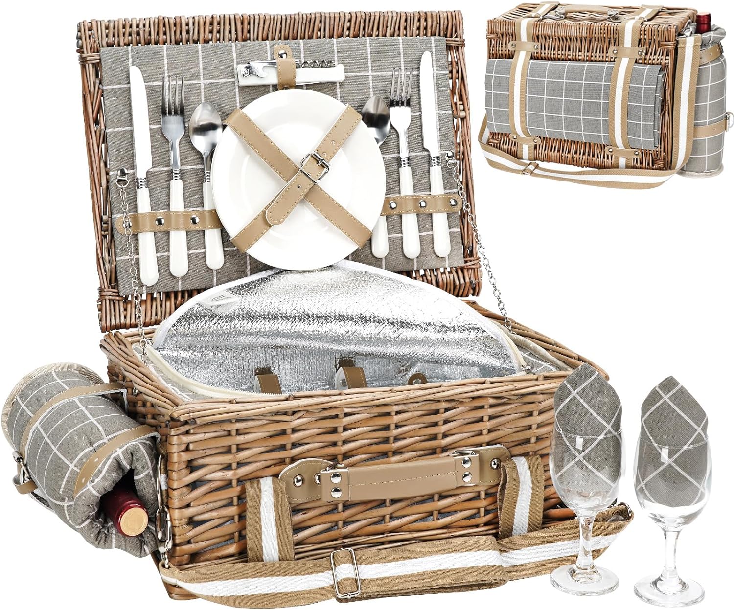 Willow Picnic Basket Set for 2 Persons with Large Insulated Cooler Bag ...