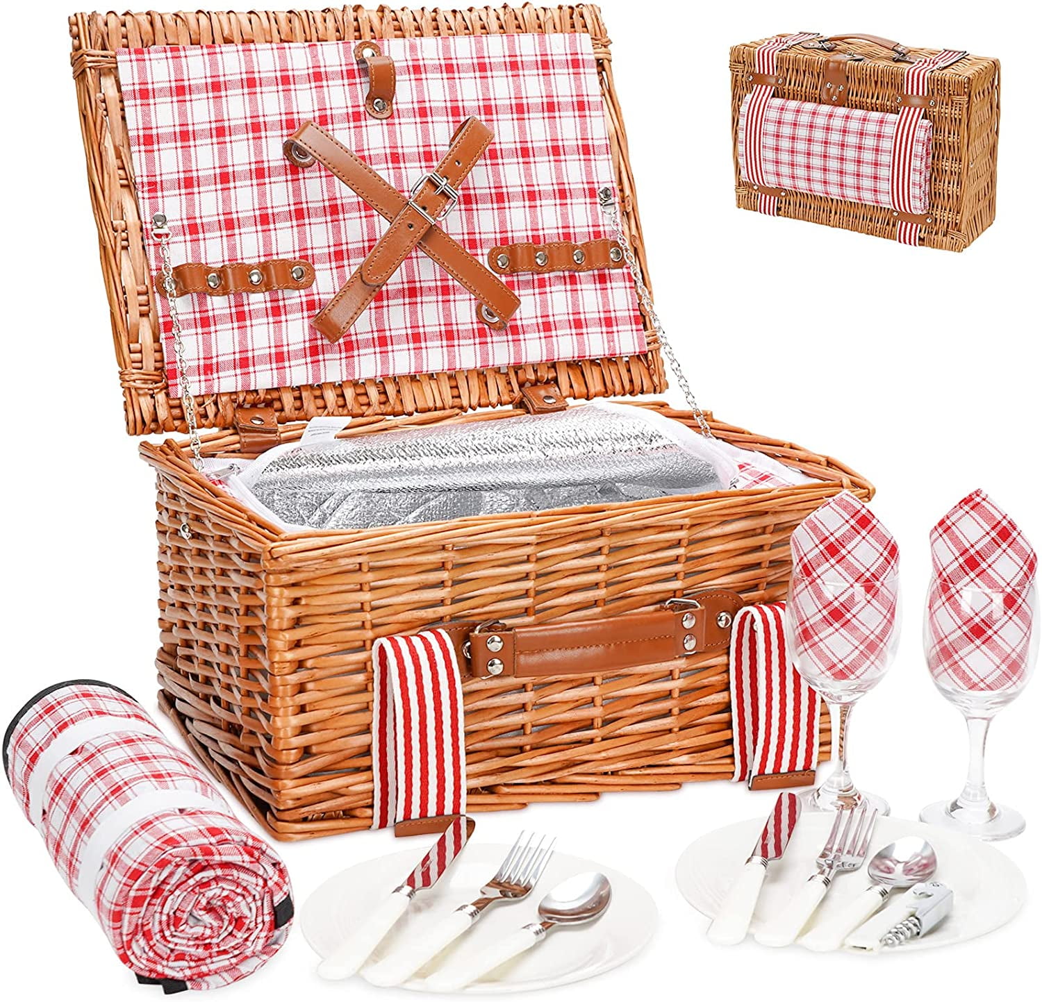 Wicker Picnic Basket for 2 with Large Insulated Cooler Compartment and ...