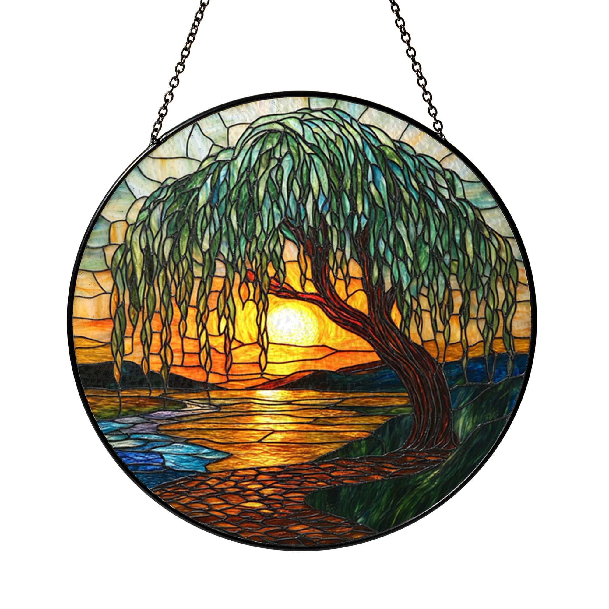 Willow Tree Sunset Lake Scene Stained Glass Round Suncatcher ...