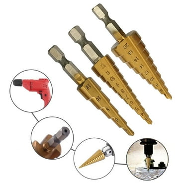 Willstar 3PCS HSS Titanium Step Drill Bit Set with 1Pc Automatic Center Punch + 3Pcs High Speed ...