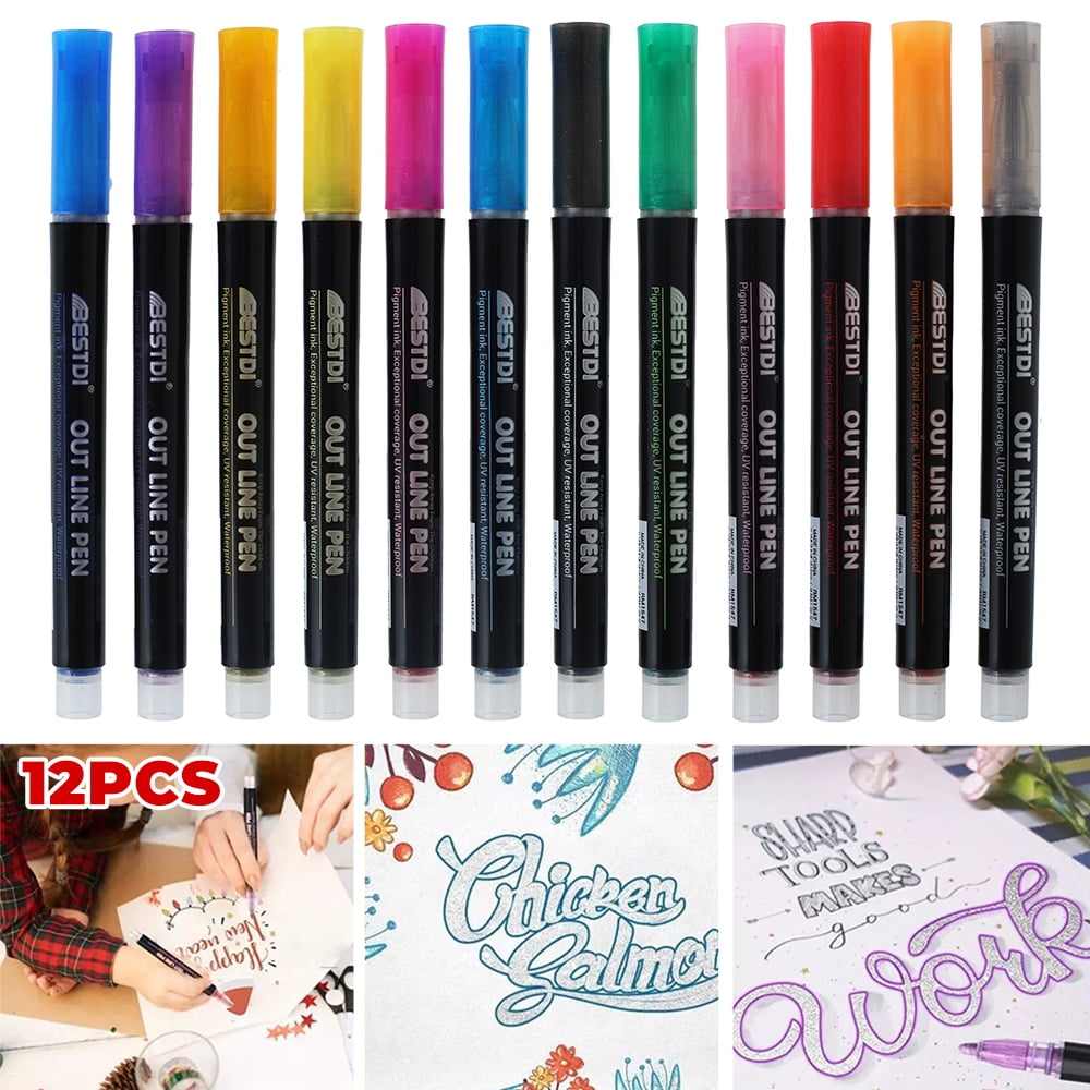 Pluokvzr 12-Color Double Line Outline Pens Set, Metallic Markers for ...