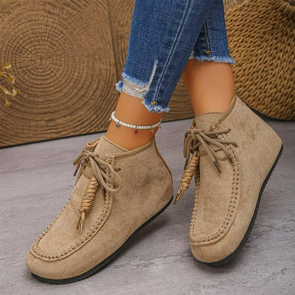 Willtoo Flat boots for Women Faux Suede Lace Up Ankle Boots Wide Round ...