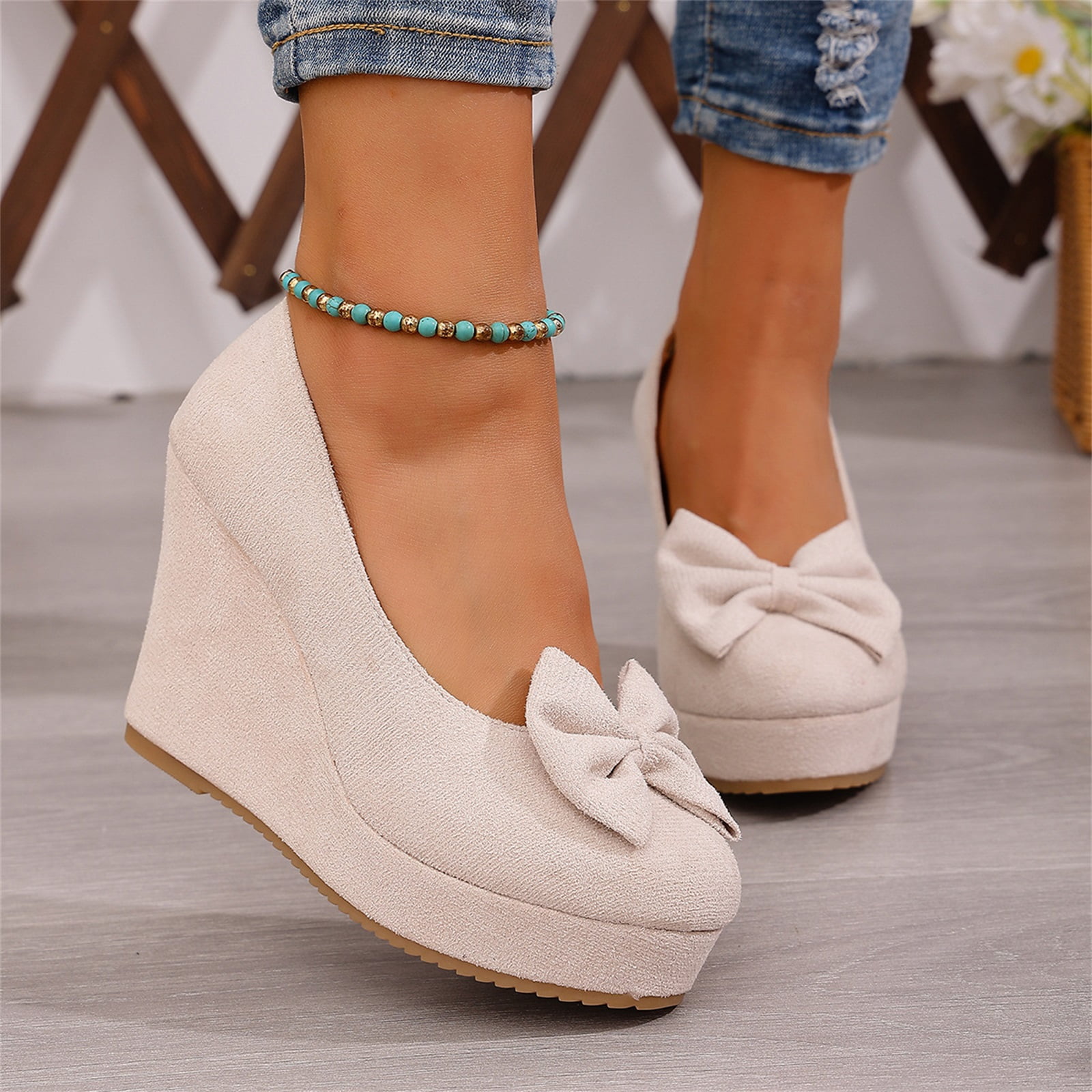 Willtoo Women's Bow Platform Wedge High Heels Ankle Strap Pumps Beige ...