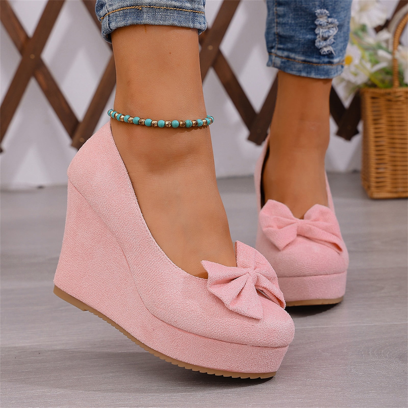 Willtoo Women's Bow Platform Wedge High Heels Ankle Strap Pumps Pink ...