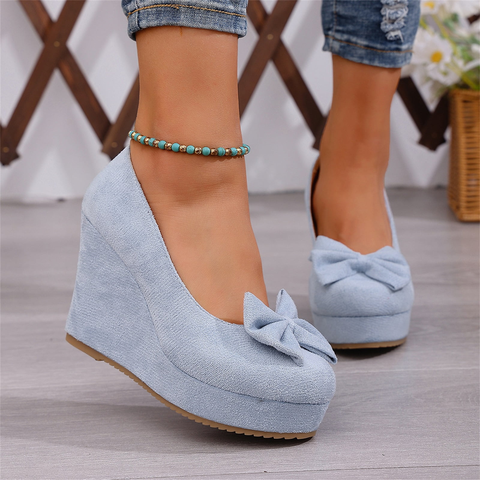 Willtoo Women's Bow Platform Wedge High Heels Ankle Strap Pumps Sky ...