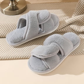 Litfun Women's Fuzzy Slippers Open Toe Cross Band Slippers Memory Foam ...