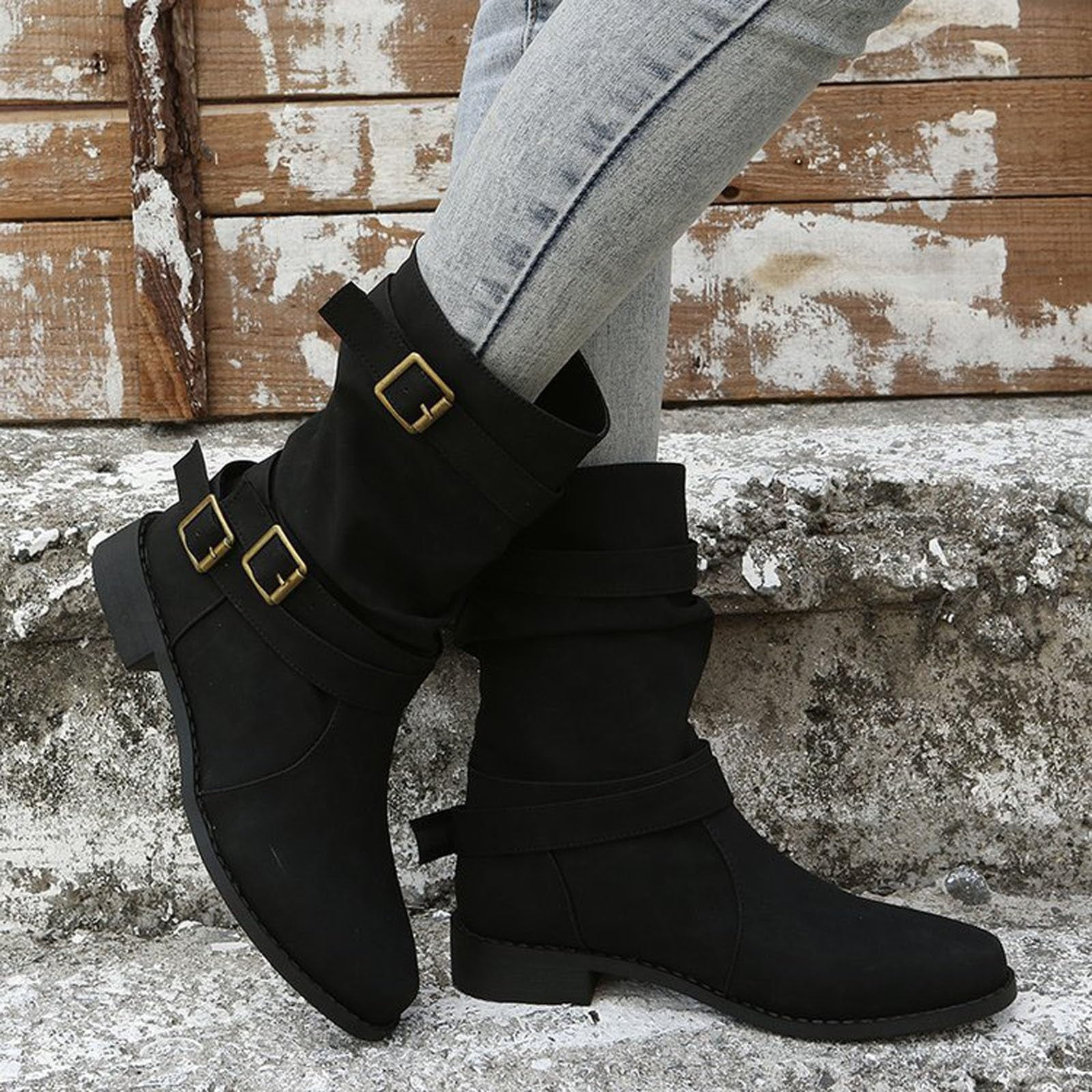 Willtoo Women's Leather Slouchy Buckle Mid-Calf Boots Comfort Wide ...