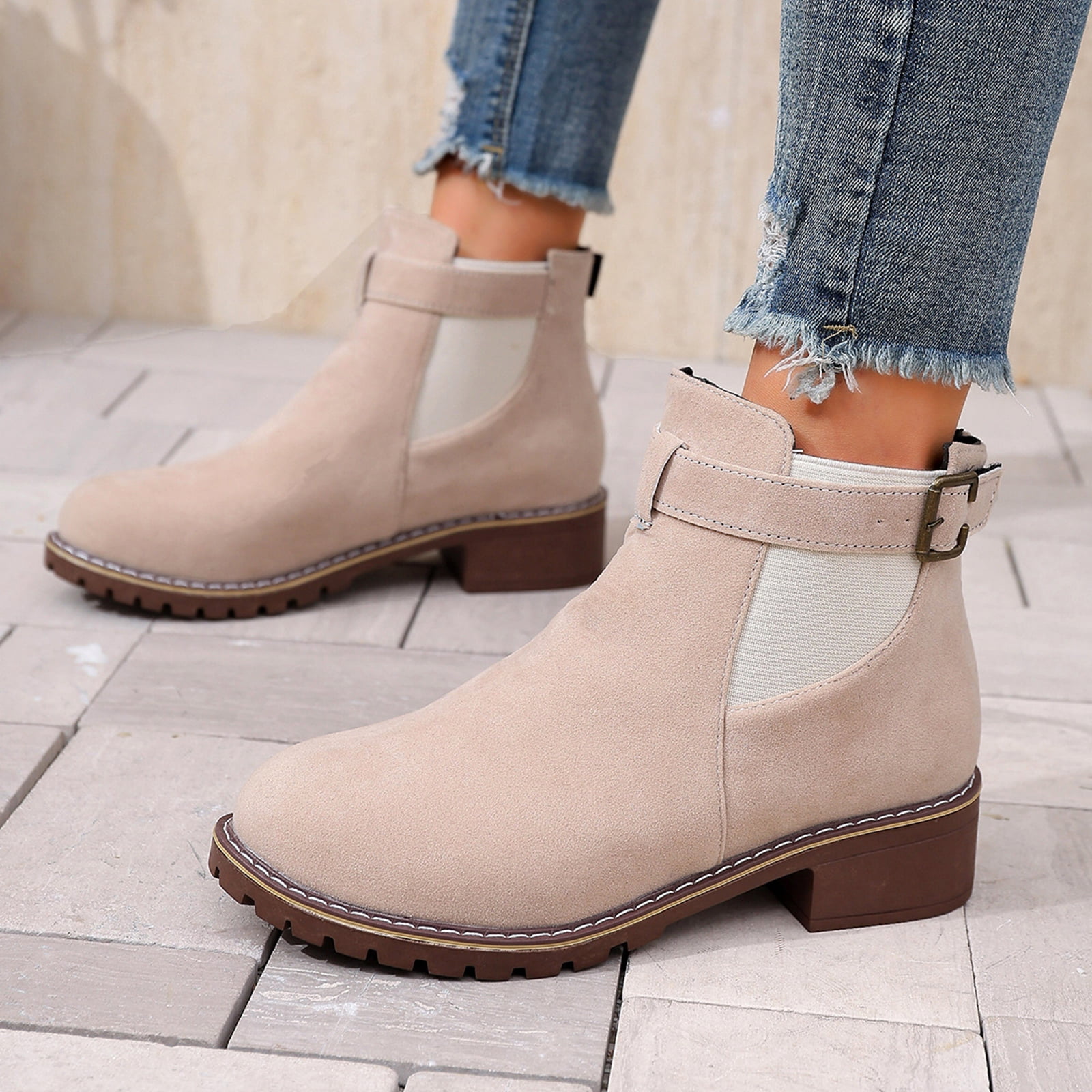 Willtoo Women's Versatile Slip-On Ankle Boots with Buckle Chunky Lug ...