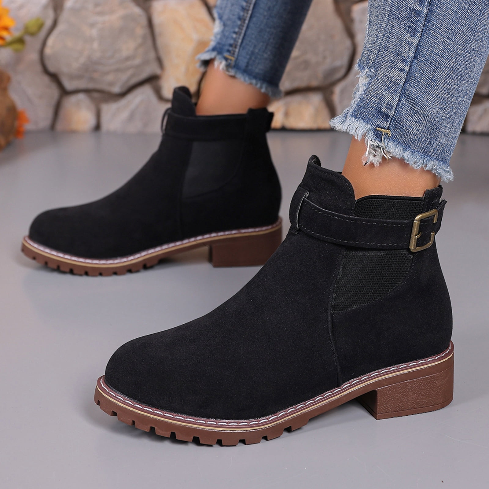 Willtoo Women's Versatile Slip-On Ankle Boots with Buckle Chunky Lug ...