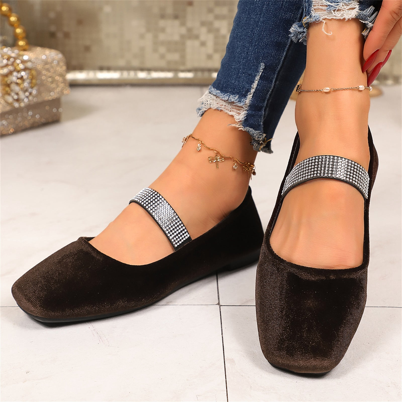 Willtoo Womens Four Season Comfort Rhinestone Flats with Shiny Toe ...