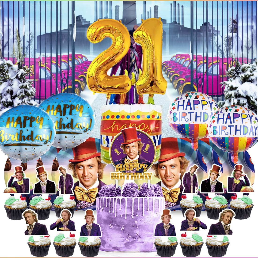 Willy Wonka 21th Tableware Balloons Cake Toppers Backdrop Banner ...
